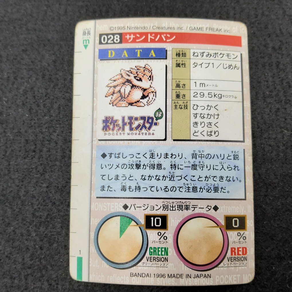 Pokemon Carddass 1996 Green – File No.028 Sablaireau / Sandslash ...
